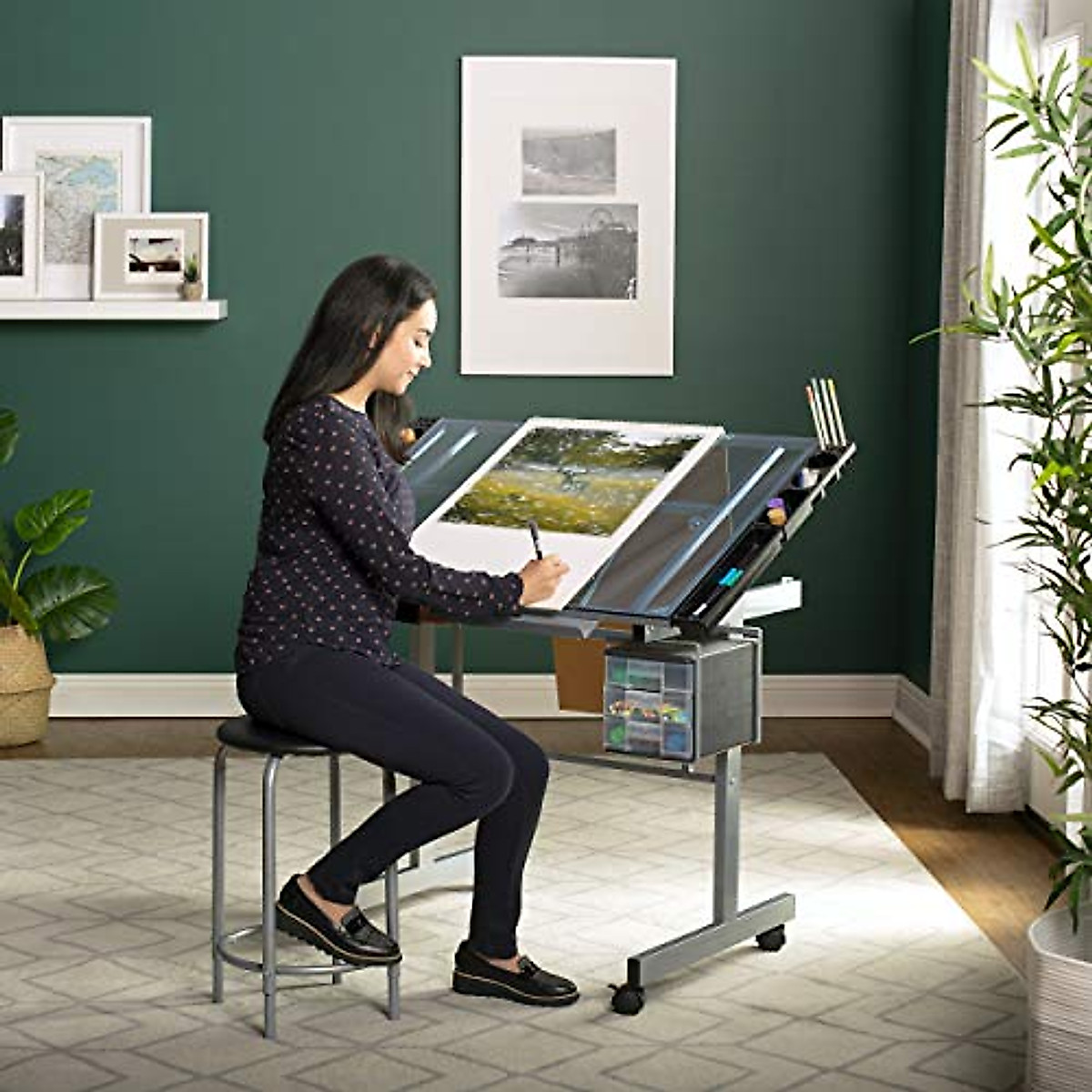 SD Studio Designs Studio Designs 2 Piece Vision Modern Metal Hobby, Craft, Drawing, Drafting Table, Mobile Desk with 40.75" W x 25.75" D Angle Adjustable Top in Silver/Blue Glass