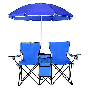 Double Folding Picnic Chairs with Umbrella Mini Table Beverage Holder Carrying Bag Table Cooler Beach Camping Chair for Beach Patio Pool Park Outdoor Portable Camping