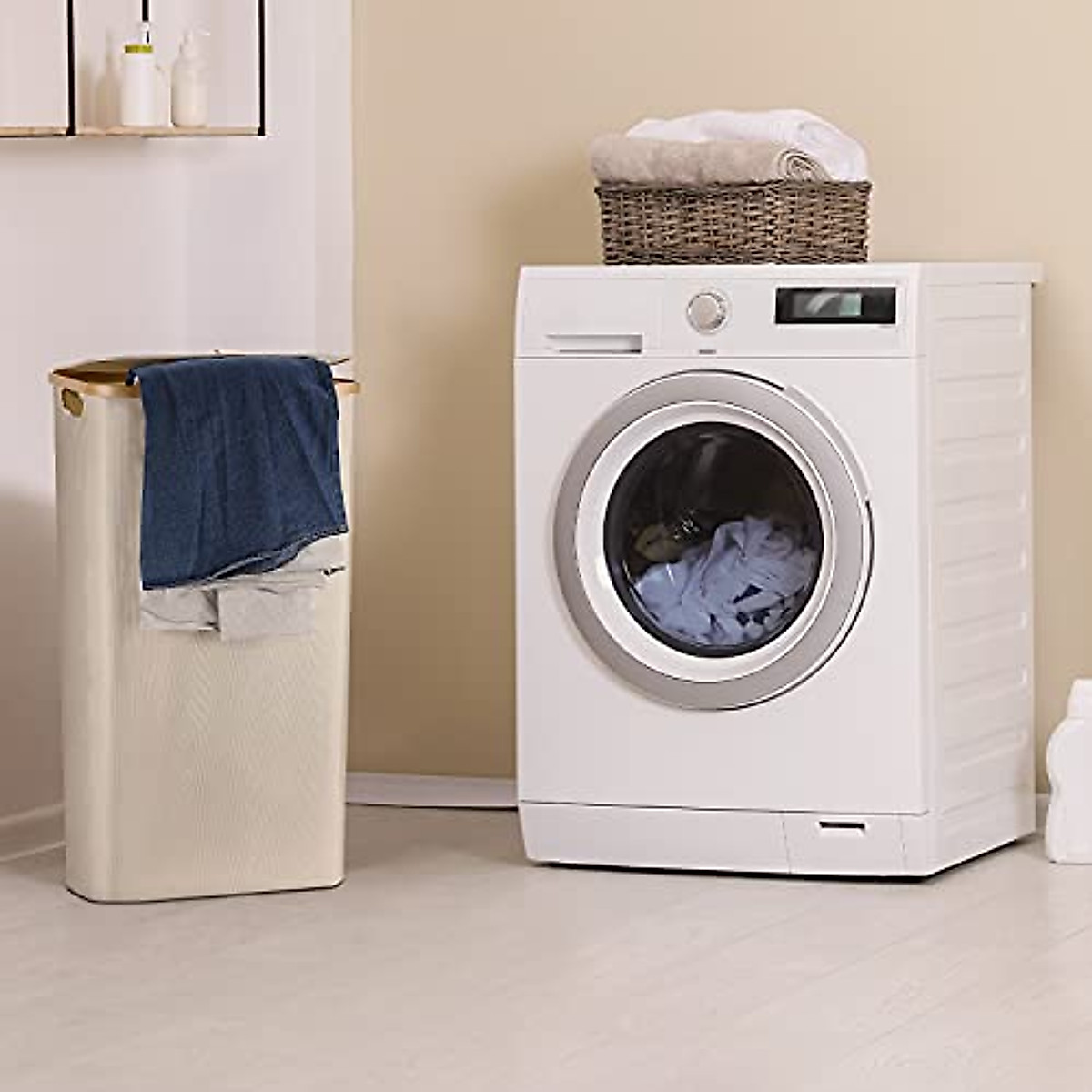 yamagahome Laundry Basket with Lid, 100L Large Laundry Collector Storage Basket with 2 Removable Washable Laundry Bags, Foldable Big Laundry Sorter Made of Bamboo and Oxford Fabric for Bedrooms