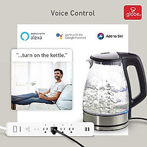 Globe Electric Wi-Fi Smart 4-Outlet Surge Protector 2 USB Port Power Strip, No Hub Required, Voice Activated, Independently Controlled Grounded Outlets, 4ft Cord, White 50077