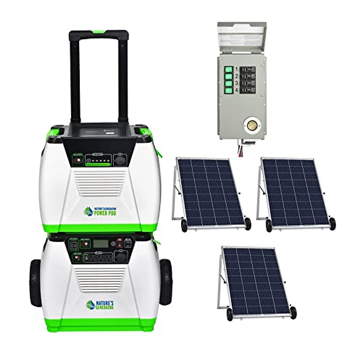 Nature's Generator Platinum PE System 1800W Solar & Wind Powered Pure Sine Wave Generator + 1200Wh Power Pod (1920Wh total) + 3 of 100W Solar Panels + Power Transfer Kit to Connect Breaker Panel