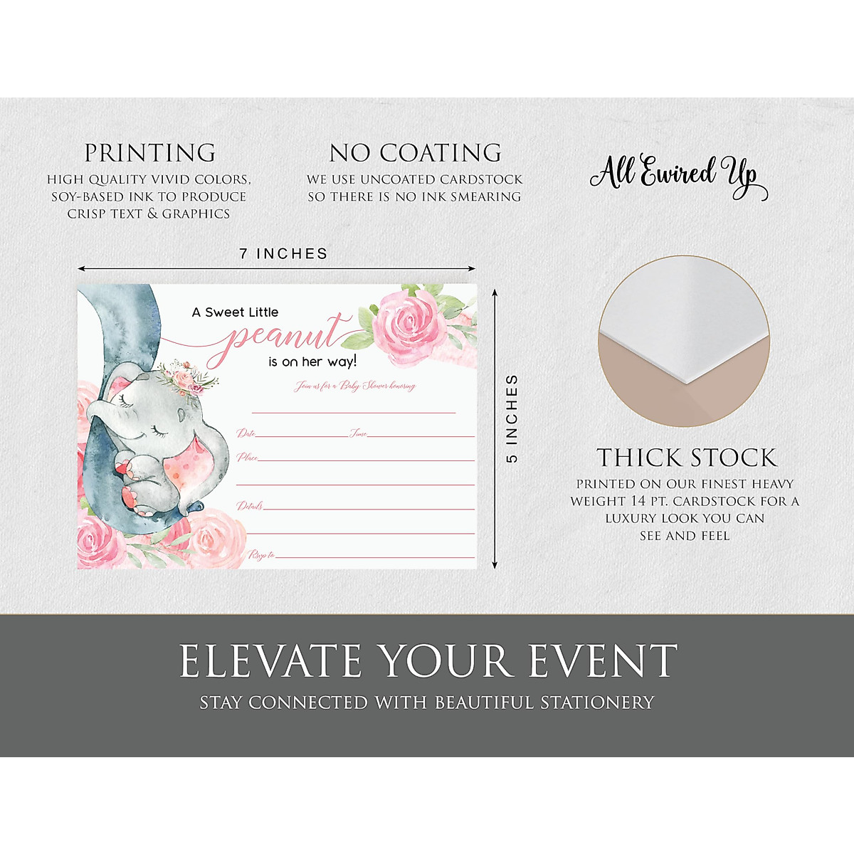 25 Pink Elephant Jungle Baby Shower Invitations and Envelopes (Large Size 5X7 INCHES), 25 Diaper Raffle Tickets, 25 Baby Shower Book Request Cards, Floral Elephant Animal Invites for Girl Baby Showers