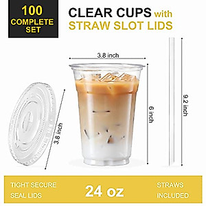 VITEVER [100 Sets - 24oz] Plastic Cups with Lids and Straws, Disposable Cups for Iced Coffee, Smoothie, Milkshake, Cold Drinks - Clear