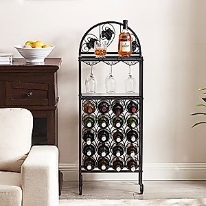 VECELO Freestanding Wine Rack Bar Table Holder, Tempered Glass Top, Liquor Display Shelf Stand for Home Kitchen Pub, 20 Bottles, Black