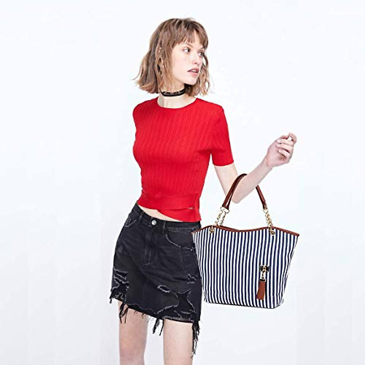 Womens Canvas Handbag Tassel Stripes Purse Tote Fashion Shoulder Bag Large Capacity, Black and White