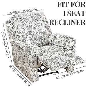 Stretch Recliner Cover Printed Chair Slipcovers 4 pcs in 1 Set Recliner Covers with Pockets 1 seat Printed Fallon Collection Slipcover Recliner Furniture Protector, Elastic Bottom (Wild Flower, 1 Set)