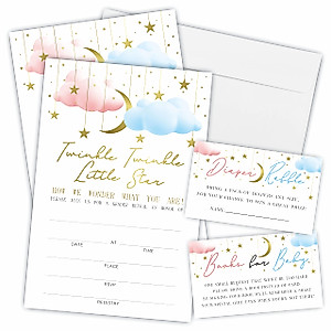 JCVUK Set of 25 Baby Shower Invitations with Envelopes, Diaper Raffle Tickets and Baby Shower Book Request Cards, Twinkle Twinkle Little Star, Gold Moon And Stars Theme Gender Reveal Party(YQKTZ-A05)