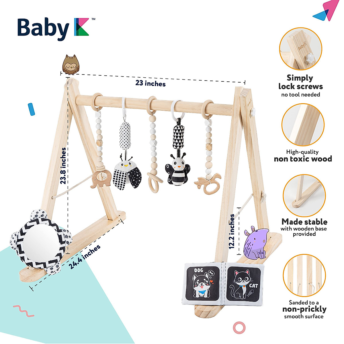 BABY K Wooden Baby Play Gym (with 7 Toys) - Foldable Wooden Play Gym with Wooden and Monochrome Hanging Toys for Baby Gym - Natural Wooden Surface - Cloth Cards & Mirror Toys for Activity Gym