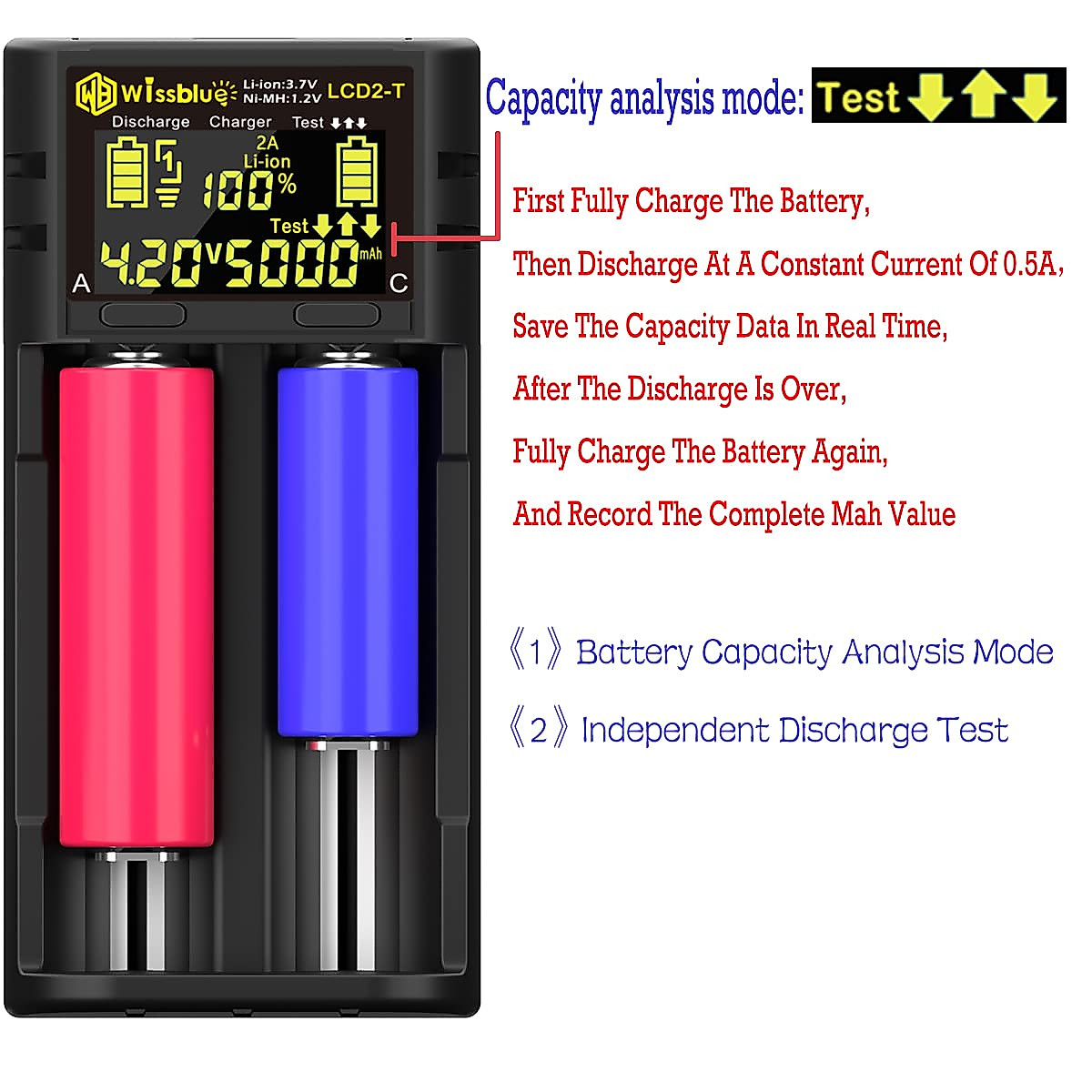LCD2-T 18650 Battery Charger, LCD Screen Can Display Capacity, with Battery Capacity Tester, 2A Fast Charger Discharg 2bay, for 3.7v Rechargeable Lithium Battery and 1.2v Ni-Mh/Ni-Cd AA AAA Battery