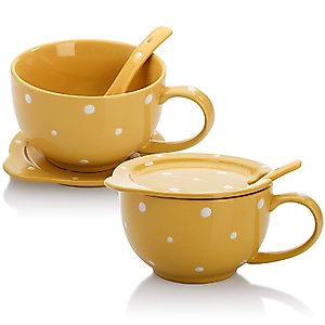 Youeon Set of 2 Jumbo Coffee and Soup Mug Set, 16 Oz Porcelain Oatmeal Mug with Lid and Spoon, Large Cereal Mugs, Multi Purpose Wide Mug for Breakfast, Cereal, Milk, Coffee, Hot Cocoa, Fruit