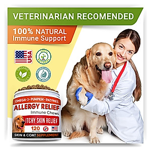 Dog Probiotics Treats + Allergy Relief - Digestive Enzymes + Prebiotics - Chewable Fiber Supplement, Itchy Skin Treatment with Omega 3 & Pumpkin, Dogs Itching and Licking Treats