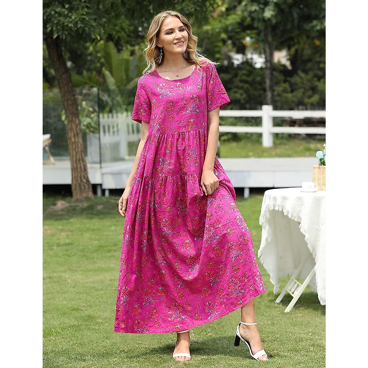 YESNO Women Casual Loose Bohemian Floral Dress with Pockets Short Sleeve Long Maxi Summer Beach Swing Dress L EJF CR26 Pink