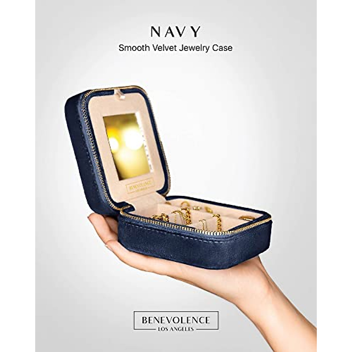 Plush Velvet Travel Jewelry Box Organizer | Travel Jewelry Case, Jewelry Travel Organizer | Small Jewelry Box for Women, Jewelry Travel Case | Earring Organizer with Mirror - Navy Blue
