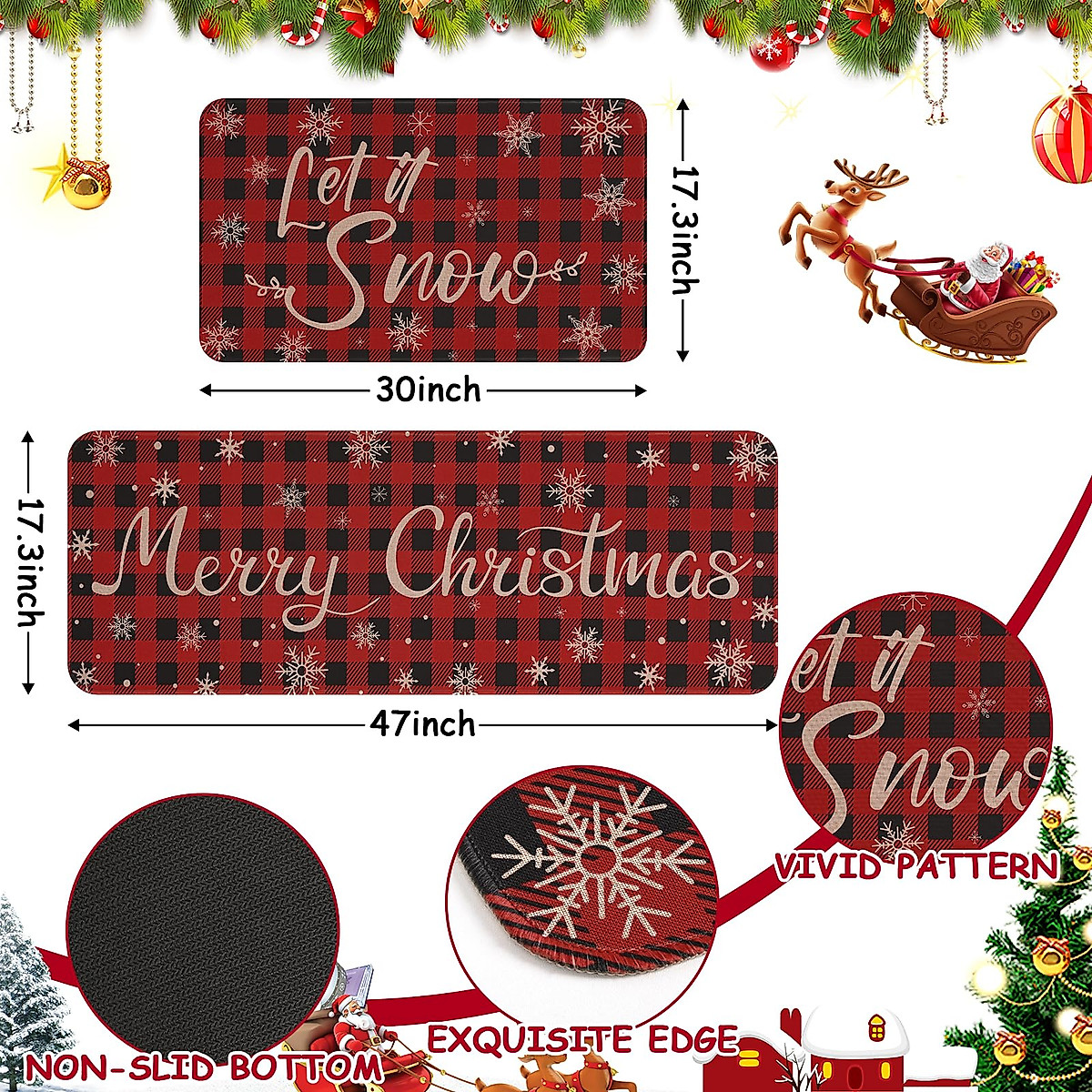 Alishomtll Christmas Kitchen Mats for Floor 2 Pieces, Non Slip Absorbent Kitchen Rugs Washable for Christmas Decor, Red Checkered Christmas Door Mat and Rug, 17''x47''+17''x29''