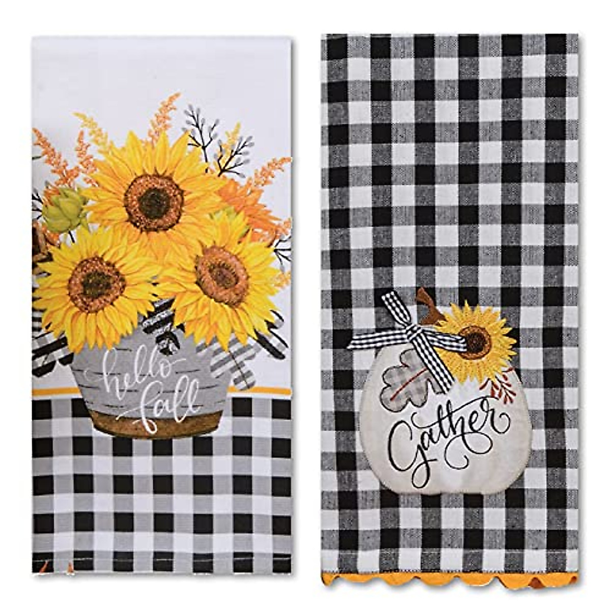Harvest Sunflower Charm Farmhouse Kitchen Towel Gingham Checks Set of 2 by Kay Dee Designs