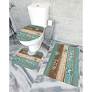 Teal Turquoise Bathroom Rugs Mat Sets 3 Piece, Bath Shower Rugs with U-Shaped Contour Toilet Mat, Ristic Farmhouse Brown Paw Prints Large Absorbent Bathtub Runner Rugs Floor Mats