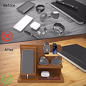 Gift for Dad Gift for Husband Wood Phone Docking Station Organizer Men Birthday Nightstand Cool Mens Birthday Gifts Night Stand Accessories Docking Station Wood Bedside Organizer Business Gifts