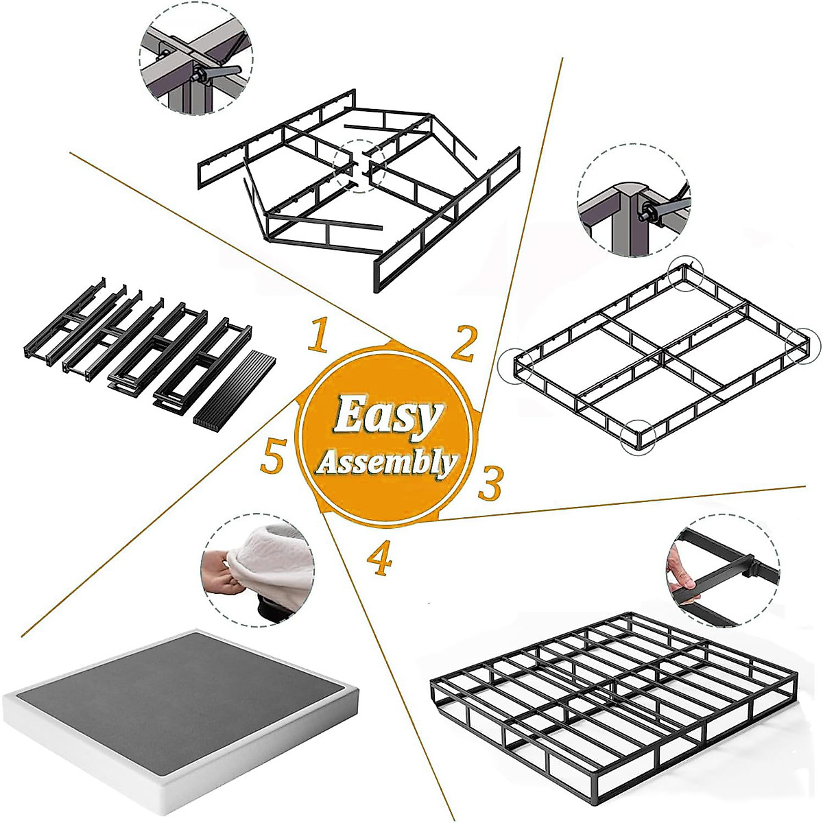 POOUPHV Twin Box Spring 5 INCH High Profile Metal Heavy Duty Easy Assembly Sturdy Box Springs Mattress Foundation Extra-Strong Support No Noise Easy to Clean