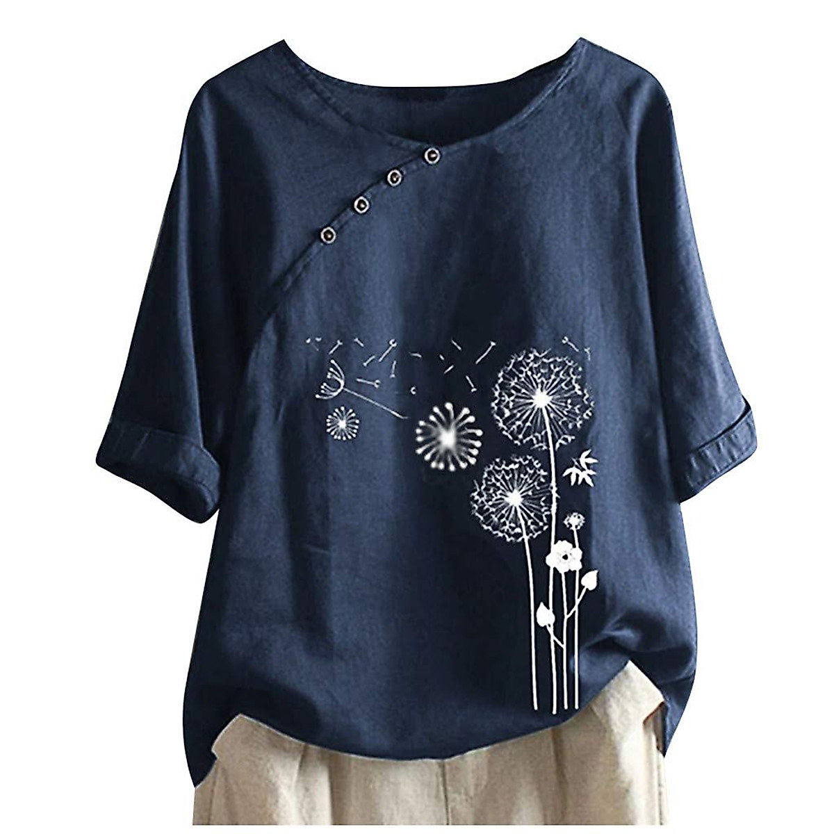 DASAYO Linen Button Down Shirt Women Half Sleeve Loose Vintage Blouses Top Dandelion Print Casual Summer Comfy Shirts Tops
