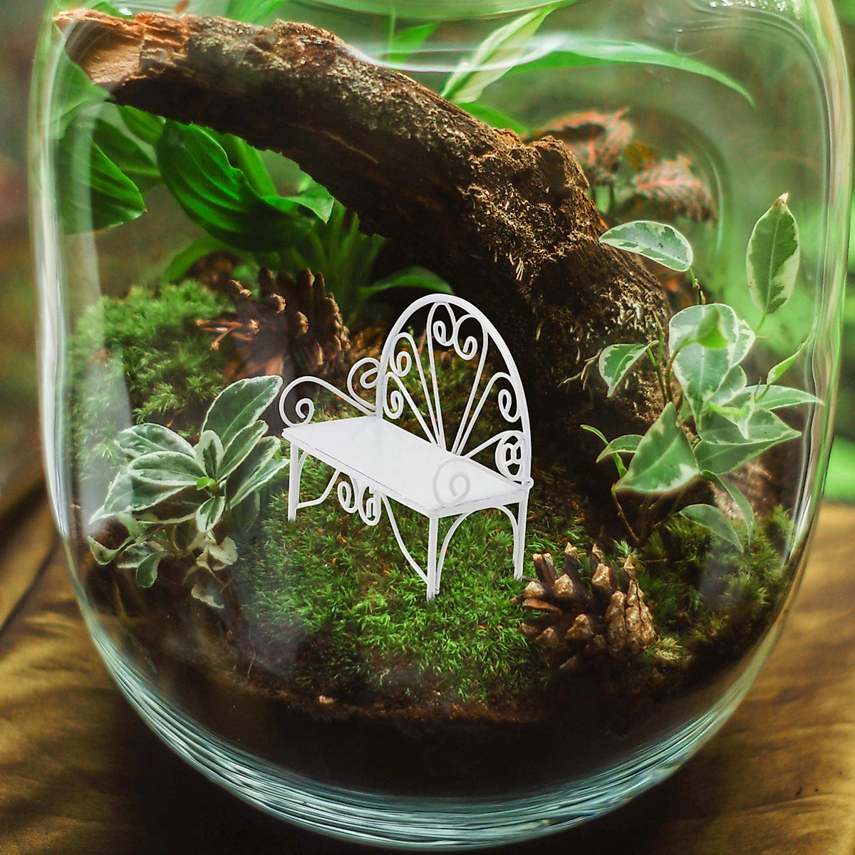 LIFKOME Miniature Garden Bench Miniature Dollhouse Furniture Doll House Decor Lawn Chair Fairy Gardens Accessories Decorations White