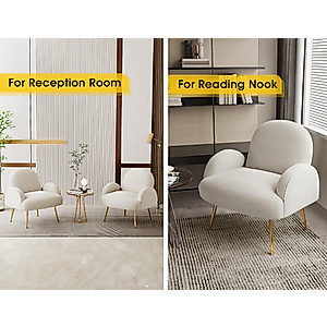 Dewhut Modern Sherpa Boucle Accent Chair, Upholstered Arm Vanity Chair with Metal Legs for Corner, Fluffy Reading Side Chairs for Living Room, Bedrooms, Home Office, Dorm, Reading Nook (Cream white)