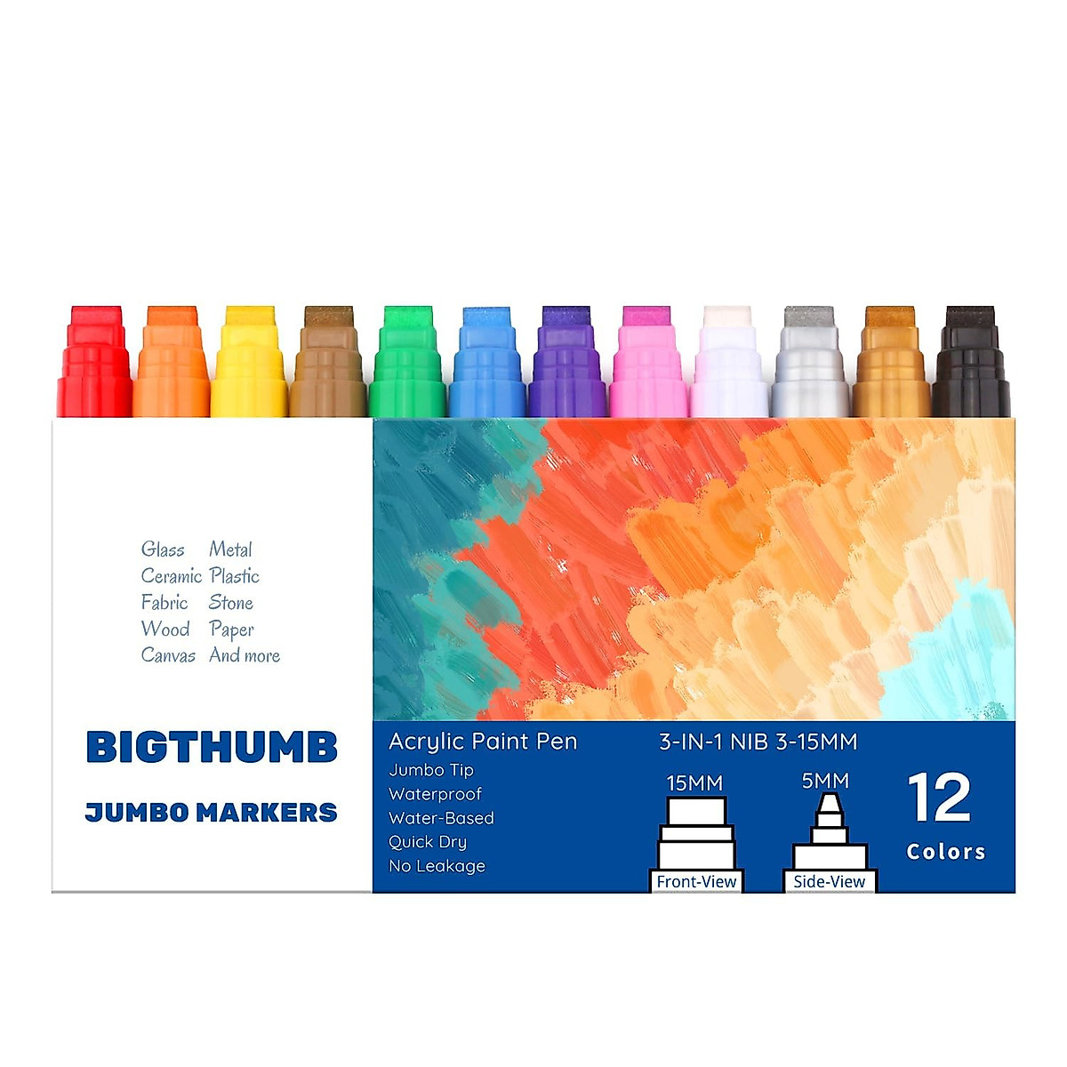 BIGTHUMB Jumbo Poster Markers Set: 12 Colors Large 15mm Wide Tip Permanent Ink Thick Acrylic Paint Pens for Rock Painting, Stone, Glass, Wood, Ceramic, Metal, Plastic, Fabric