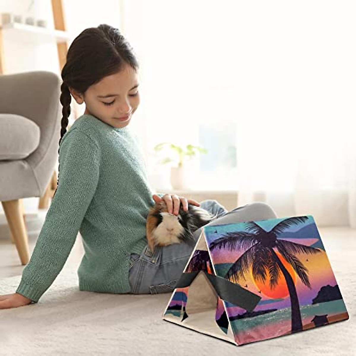 Y-DSIWX Guinea Pig Hideout Cozy Hamster House Cave for Bunny Chinchilla Hedgehog Small Animal Beach Sunset Palm Tree Colorful Pattern