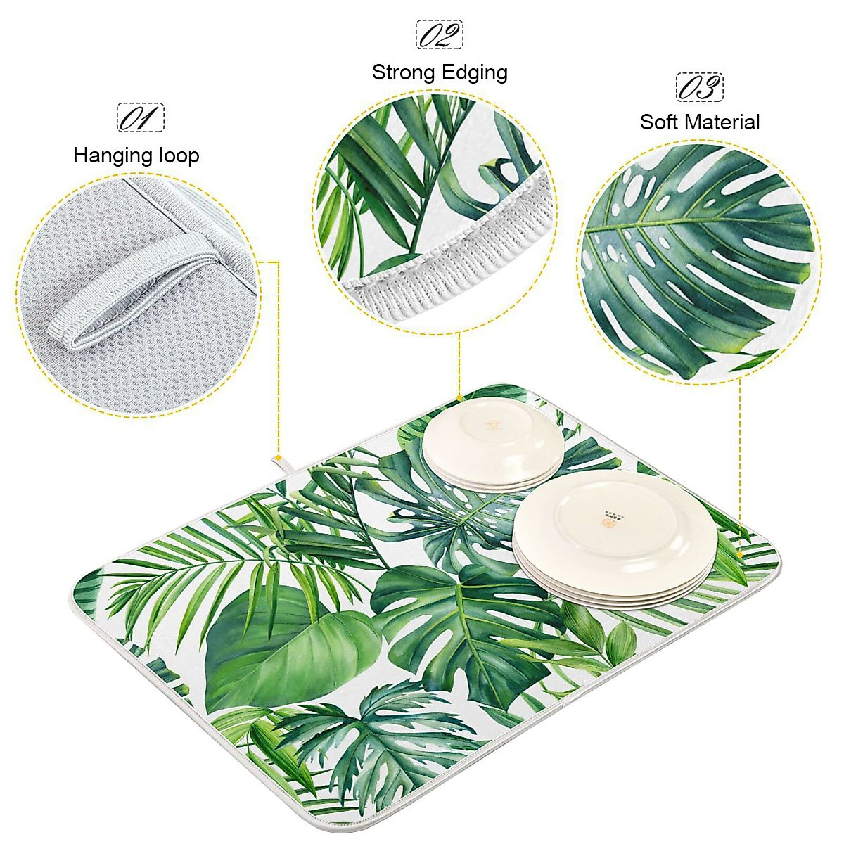 Tropical Palm Leaves Dish Drying Mat for Kitchen Counter Green Monstera Leaf Absorbent Microfiber Drying Pad, Medium 16x18 in, Reversible Drainer Mats