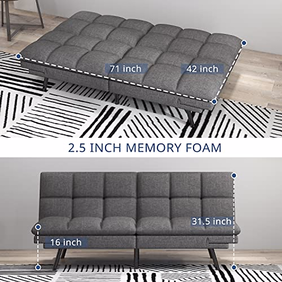 FONTOI Futon Sofa Bed Memory Foam Couch Sleeper Daybed Foldable Convertible Loveseat, Dark Gray