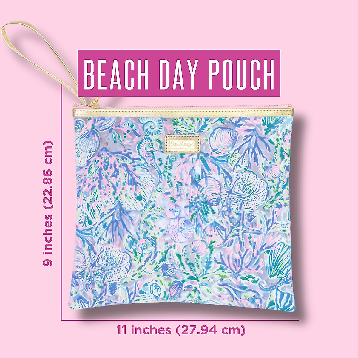 Lilly Pulitzer Water Resistant Vinyl Beach Day Pouch, Zipper Bag Includes Drink Hugger, Small Pouch, and Towel Clips, Soleil It On Me
