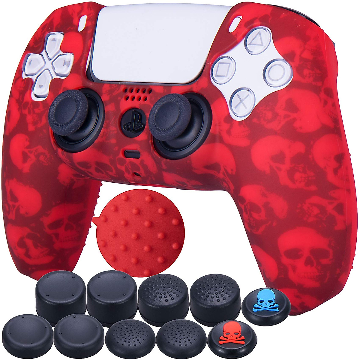 9CDeer 1 Piece of Silicone Transfer Print Protective Cover Skin + 10 Thumb Grips for PlayStation 5 / PS5 Controller Skull Red