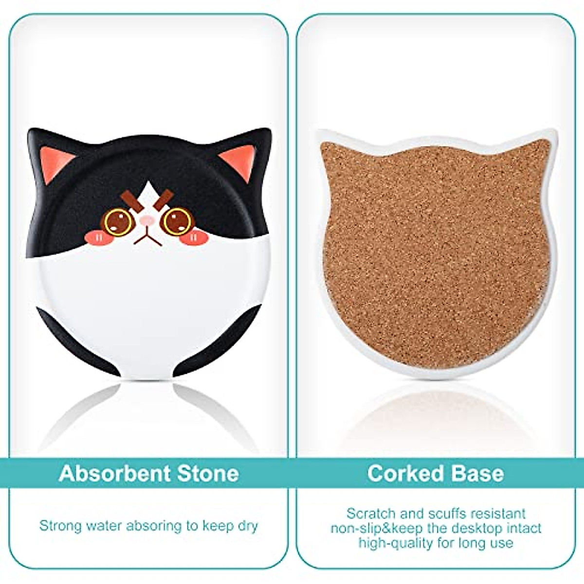 Funny Cat Coasters for Drink Cute Coasters Cat Gift for Cat Lovers Ceramic Coasters with Cork Bottom and Metal Holder for Bar Office Dining Coffee Table Desk Decor 4.25 Inch (Fun Cat Style, 6 Pcs)