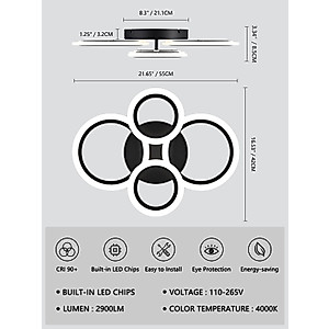 TEMINBU Modern LED Ceiling Light, Black 4 Rings Flush Mount Ceiling Light, 4000K Lighting Fixture Ceiling Lamp for Kitchen, Bedroom, Living Room, Laundry Room