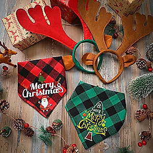 4 Pieces Christmas Dog Bandanas and Reindeer Antlers Headband Set, with 2 Christmas Dog Headband 2 Buffalo Plaid Pets Scarf Xmas Triangle Bibs Kerchief for Medium Large Dogs Pets Costume Accessories