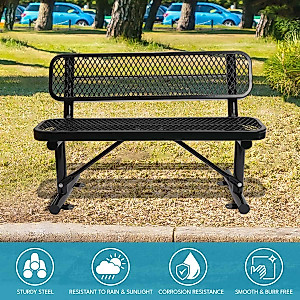 phyfalip 4 ft. Outdoor Steel Bench Patio Porch Furniture with Backrest for Lawn, Yard, Porch, Garden Work, Entryway, Black