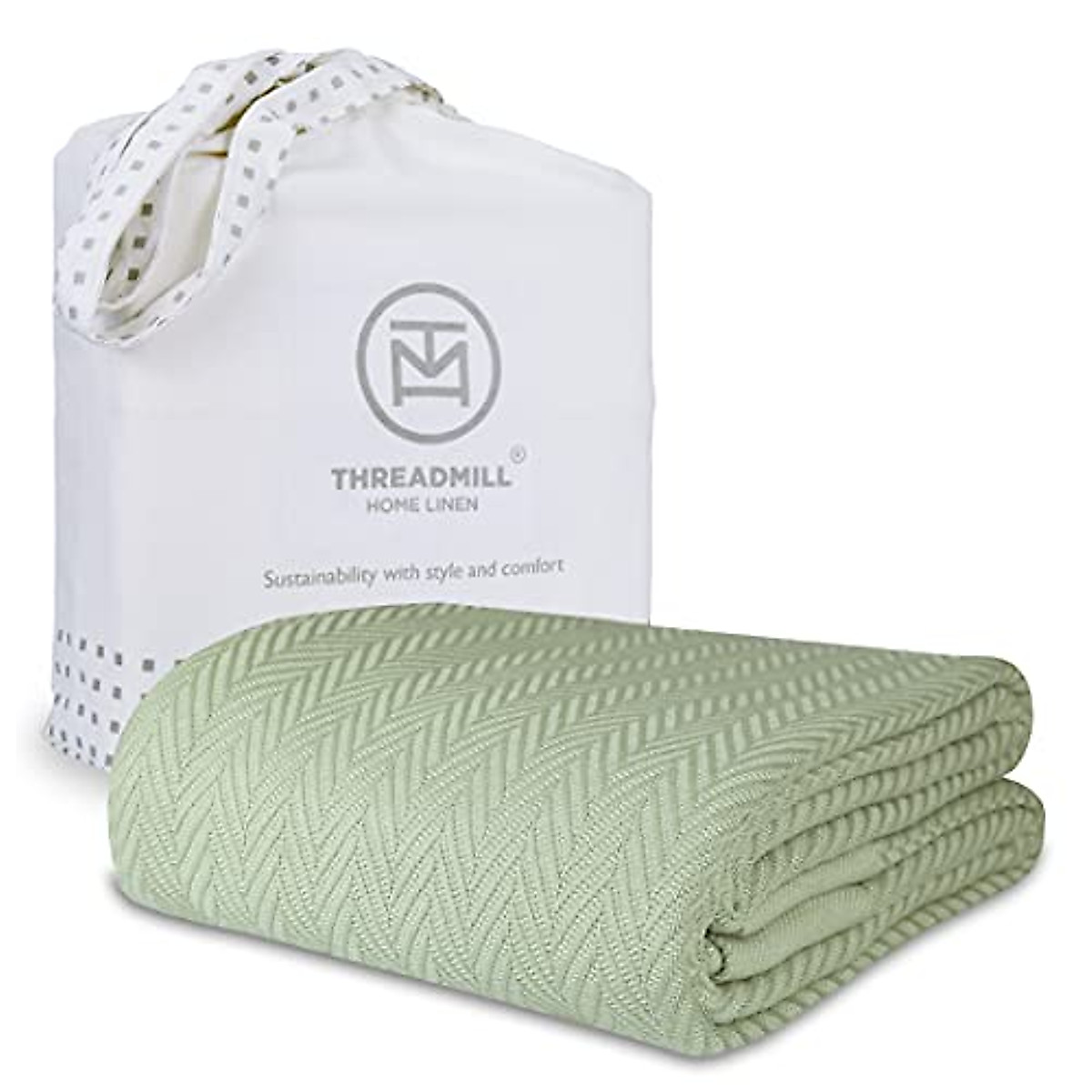 Threadmill Luxury Cotton Blankets for Twin Size Bed | All-Season 100% Cotton Twin Blanket for Bed | Herringbone Soft & Cozy Fall Thermal Blanket, 350GSM, 68x92 inches | Sage Green