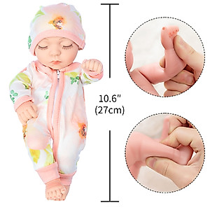 XFEYUE 10 Inch Newborn Reborn Baby Doll and Clothes Set Washable Realistic Soft Silicone Sleeping Baby Doll with Beautiful Flower Pattern Jumpsuit and Hat-Best Gift for Kids Girls