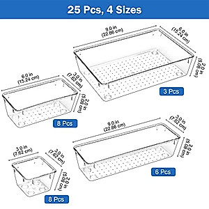 Puricon 25 Pcs Clear Desk Drawer Organizers Set, 4-Size Plastic Bedroom Vanity Dresser Tray Acrylic Bathroom Storage Bins for Makeups Jewelries Kitchen Utensils Gadgets Office Accessories -Clear