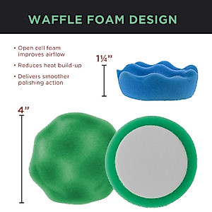 6 Pad Kit of 4" DA Polishing Pads with 5 Waffle Foam & 1 Wool Grip Pads - High Performance TCP Global Brand - Buff, Polish & Detail Car Auto Paint - Boat Gelcoat, Fiberglass Polisher Pads