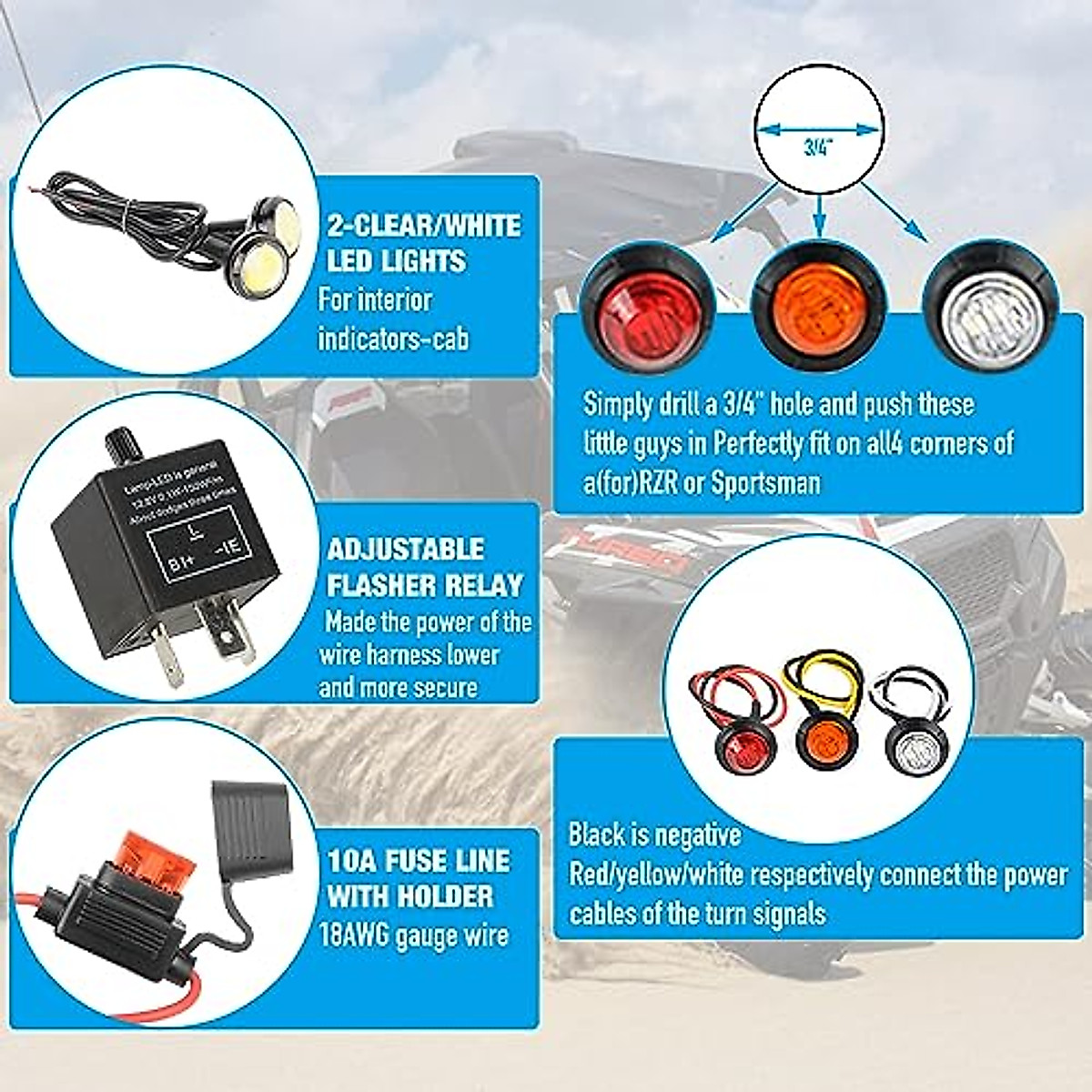 UTV ATV Horn Kit and Turn Signal Kit with Rocker Switch for Polaris RZR Ranger Honda Pioneer SXS Dirt Bike Turbo ​Can-Am Kawasaki Golf Cart Dune Buggy 4x4 Project Motorcycle…