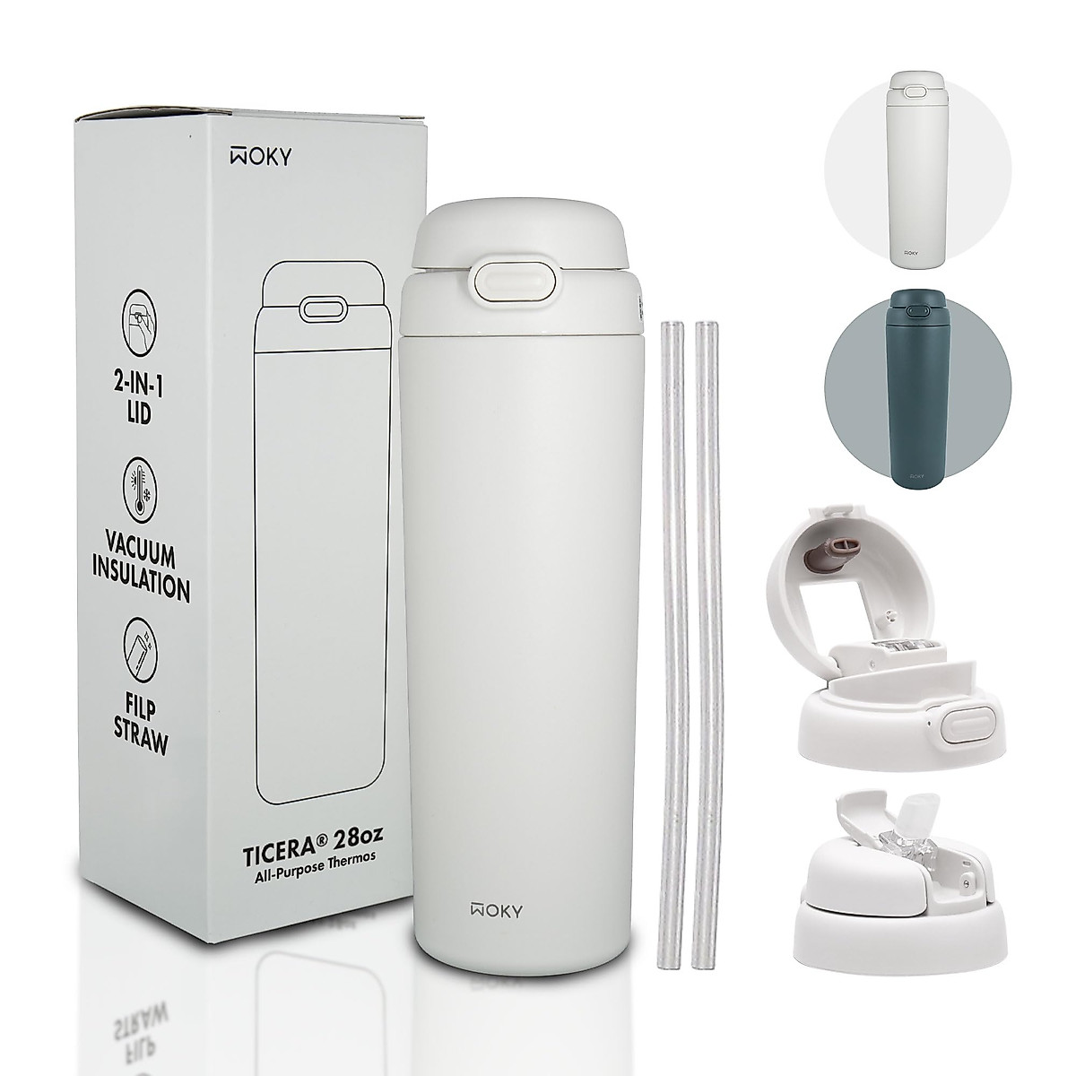 WOKY TICERA All-P 28oz Titanium Ceramic Coated Tumbler – Insulated, Leak-Proof Thermos with Straw & Silicone Pad, Perfect for Hot & Cold Drinks, Reusable for Gym, Travel & Daily Use (White)