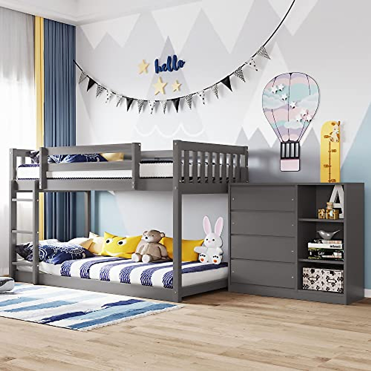 Harper & Bright Designs Twin Over Twin Bunk Bed with Storage, Wood Floor Bunk Beds with 4 Drawers & 3 Shelves, Low Bunk Bed, Twin Loft Bed for Kids, Girls Boys, Teens, Adults (Gray)