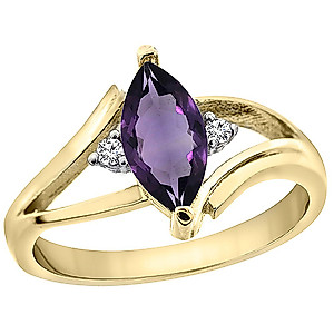 PIERA 10K Yellow Gold Genuine Amethyst Ring Marquise 10x5 mm Diamond Accent size 6.5