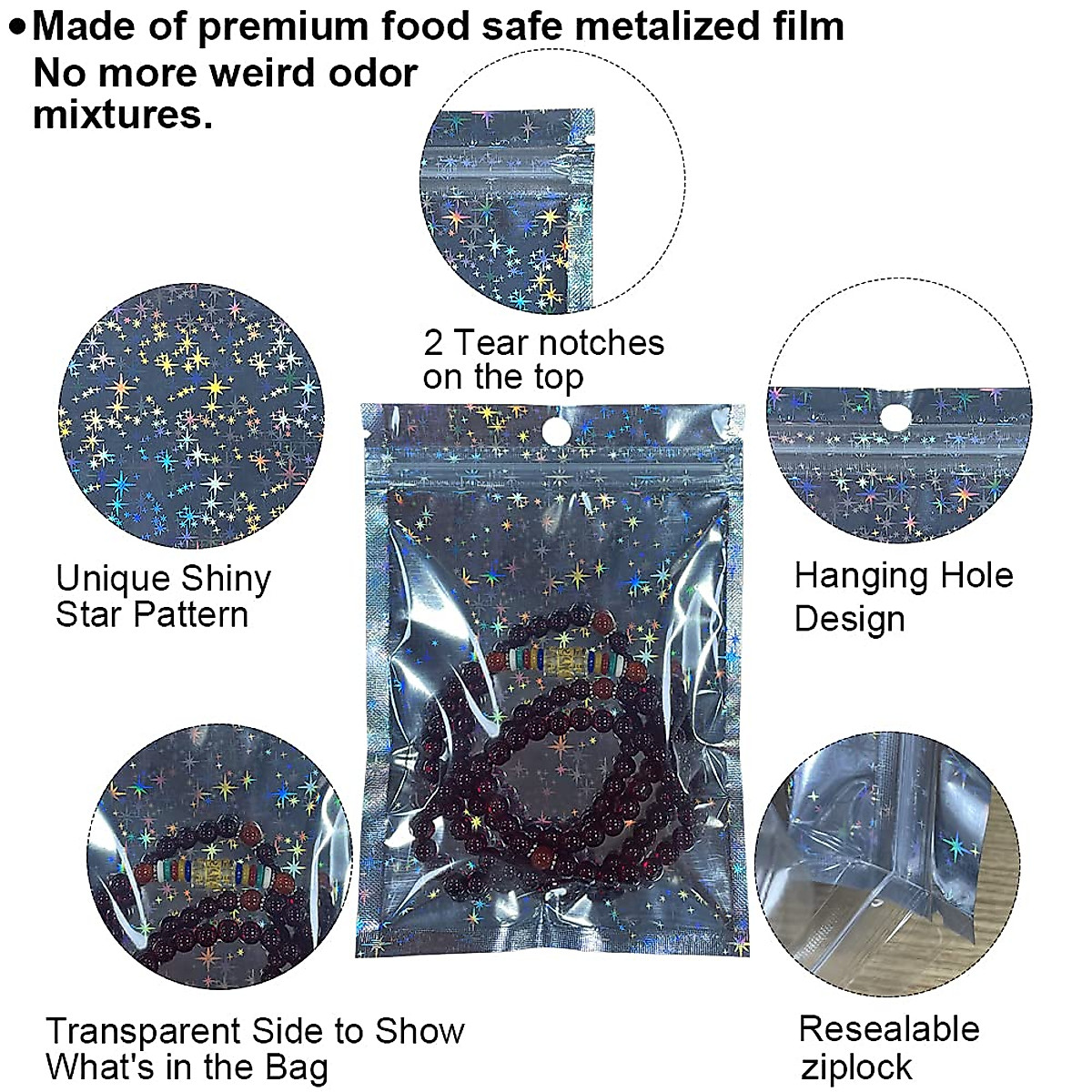 Holographic Bags 4x6 Inch,100PCS Star Pattern Resealable Mylar Bags Zip Lock Bags For Food Storage Candy Wrap Jewelry Lip gloss