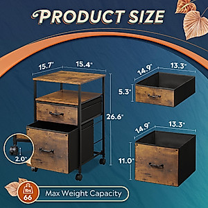 DEVAISE 2 Drawer Mobile File Cabinet, Rolling Printer Stand with Open Storage Shelf, Fabric Vertical Filing Cabinet fits A4 or Letter Size for Home Office, Rustic Brown Wood Grain Print