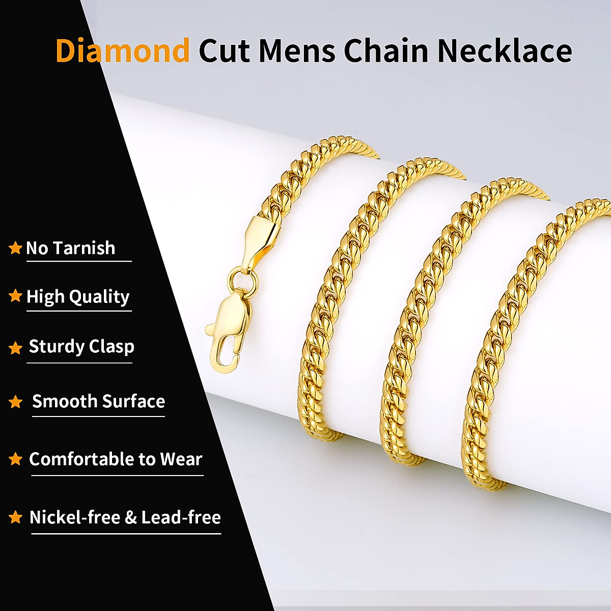 Jewlpire Gold Chain for Men, 4mm Mens Necklace Cuban Link Chain Necklace for Men, 18K Gold Plated Chain Necklace Sturdy & Durable Men's Necklaces 18 inch