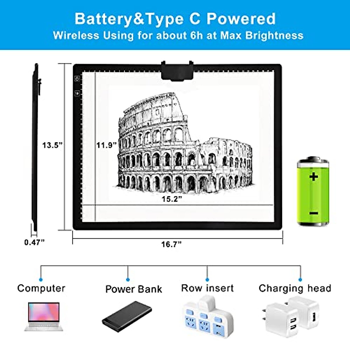 A3 Light Pad, TOHETO Wireless Battery Powered Light Box 3 Colors Stepless Dimmable and 6 Levels of Brightness Light Board for Tracing, Rechargeable LED Copy Board for Diamond Painting, Sketching