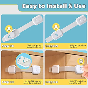 4our Kiddies 10 Pack Baby Proof Cabinet Latches, Childproof Drawer Latches with 6 Extra 3M Adhesives, Adjustable Child Safety Cabinet Strap Locks, Baby Drawer Locks for Kids and Child Safety