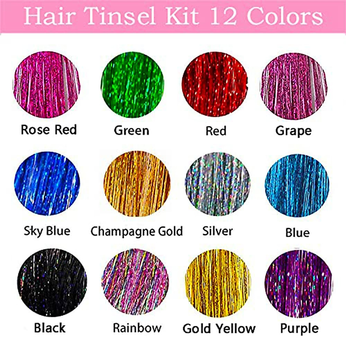 Hair Tinsel Kit 12 Colors 48 Inch 3600 Strands Hair Tinsel Strands Kit With Tools, Fairy Hair Tinsel Heat Resistant Safe Hair Glitter Tinsel Hair Extensions (12Colors, 3600 Strands)