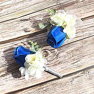 Abbie Home Prom Corsage Boutonniere Set Rose Flower Pin Wristlet for Party (Royal Blue)